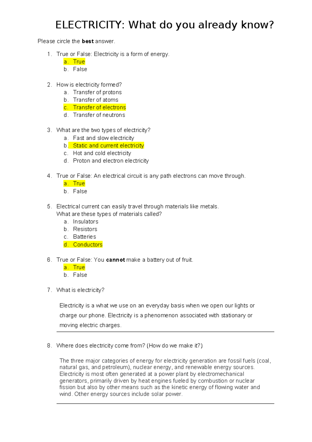 Year 9 Electricity Pretest + MC: Understanding Basic Concepts - Studocu