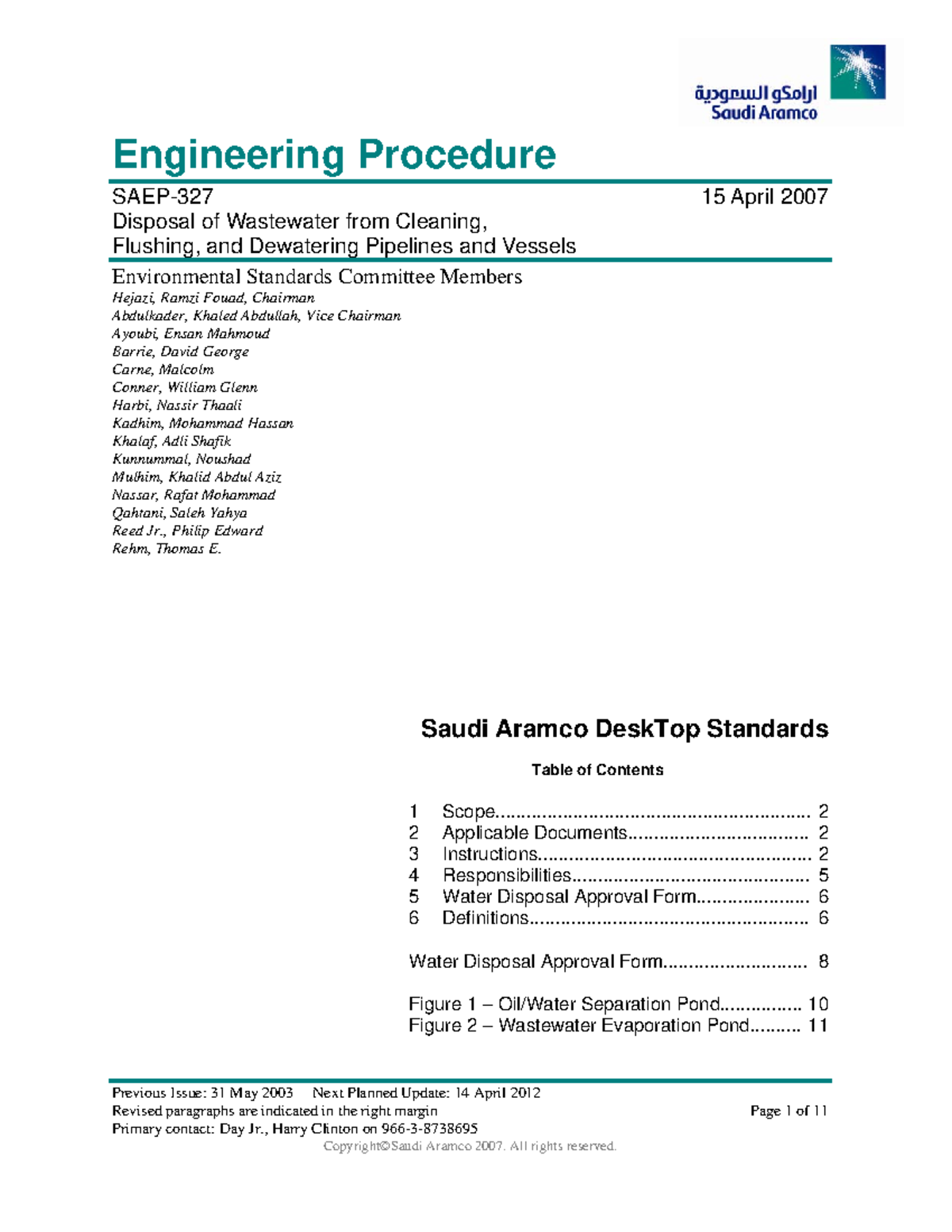 SAEP-327 - Environmental Procedure for Wastewater Disposal, 2007 - Studocu