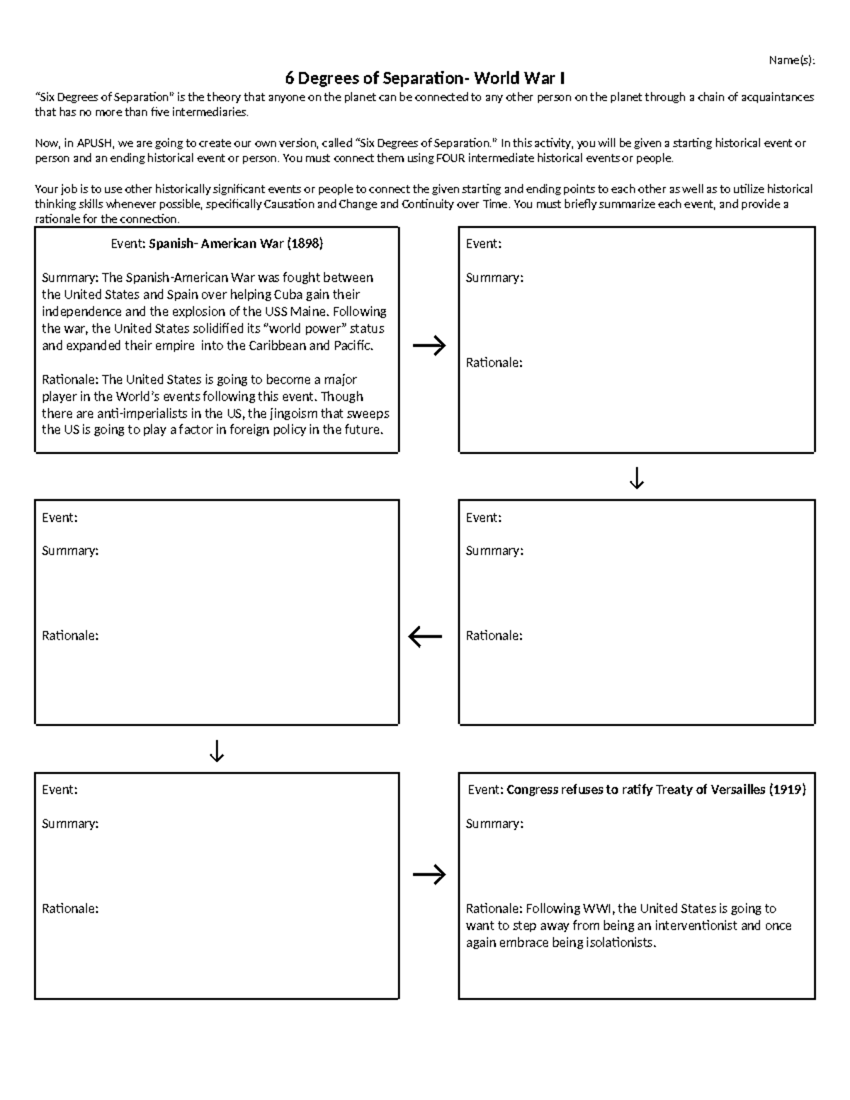 6 Degrees- WWI - history work - Name(s): 6 Degrees of Separation- World ...
