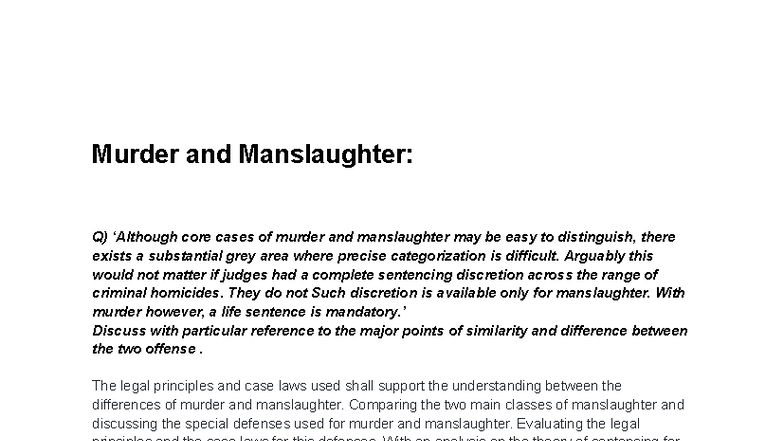 Murder and Manslaughter: A Comparative Legal Analysis Essay - Studocu