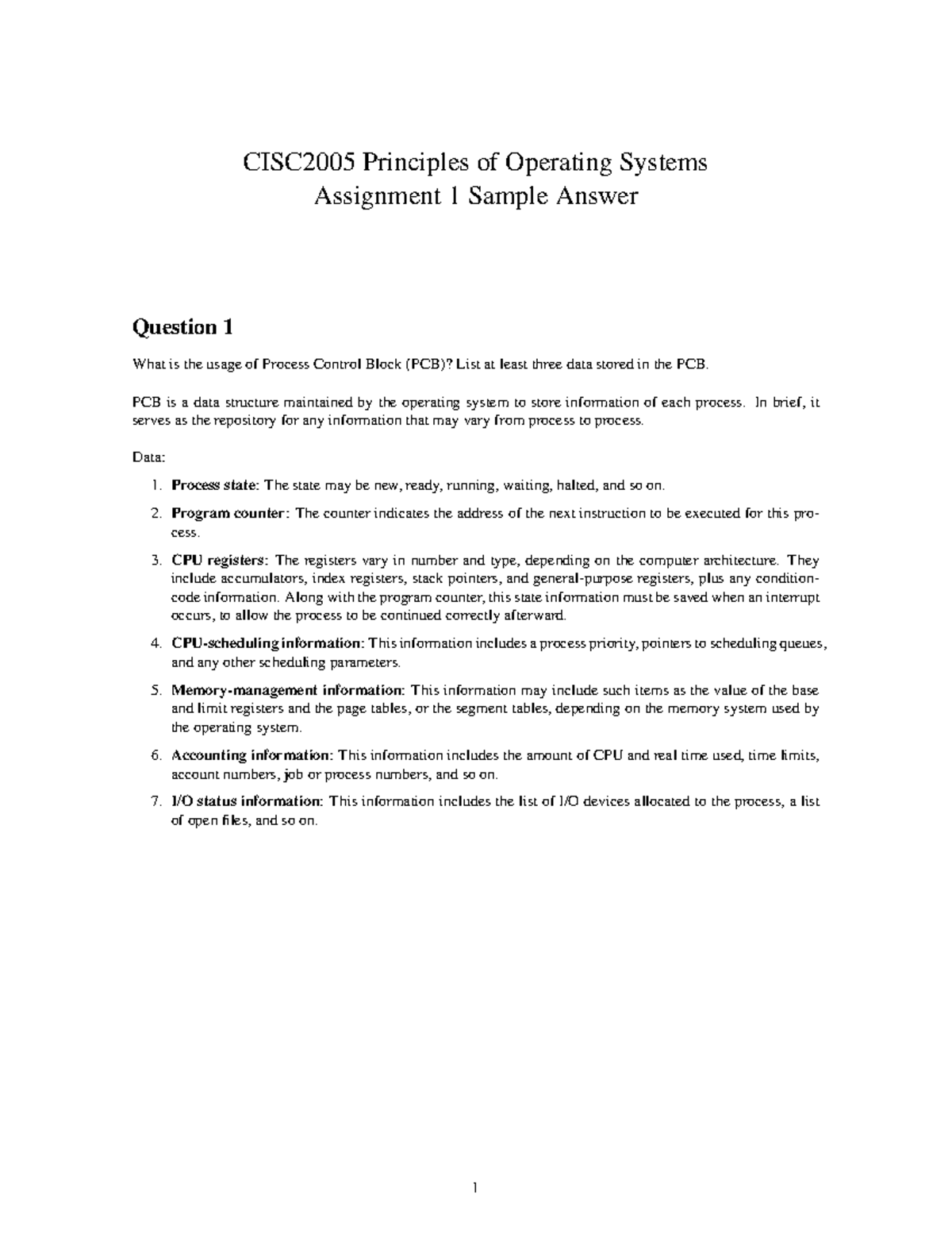 CISC2005 Principles of Operating Systems Assignment 1 Sample Answers ...