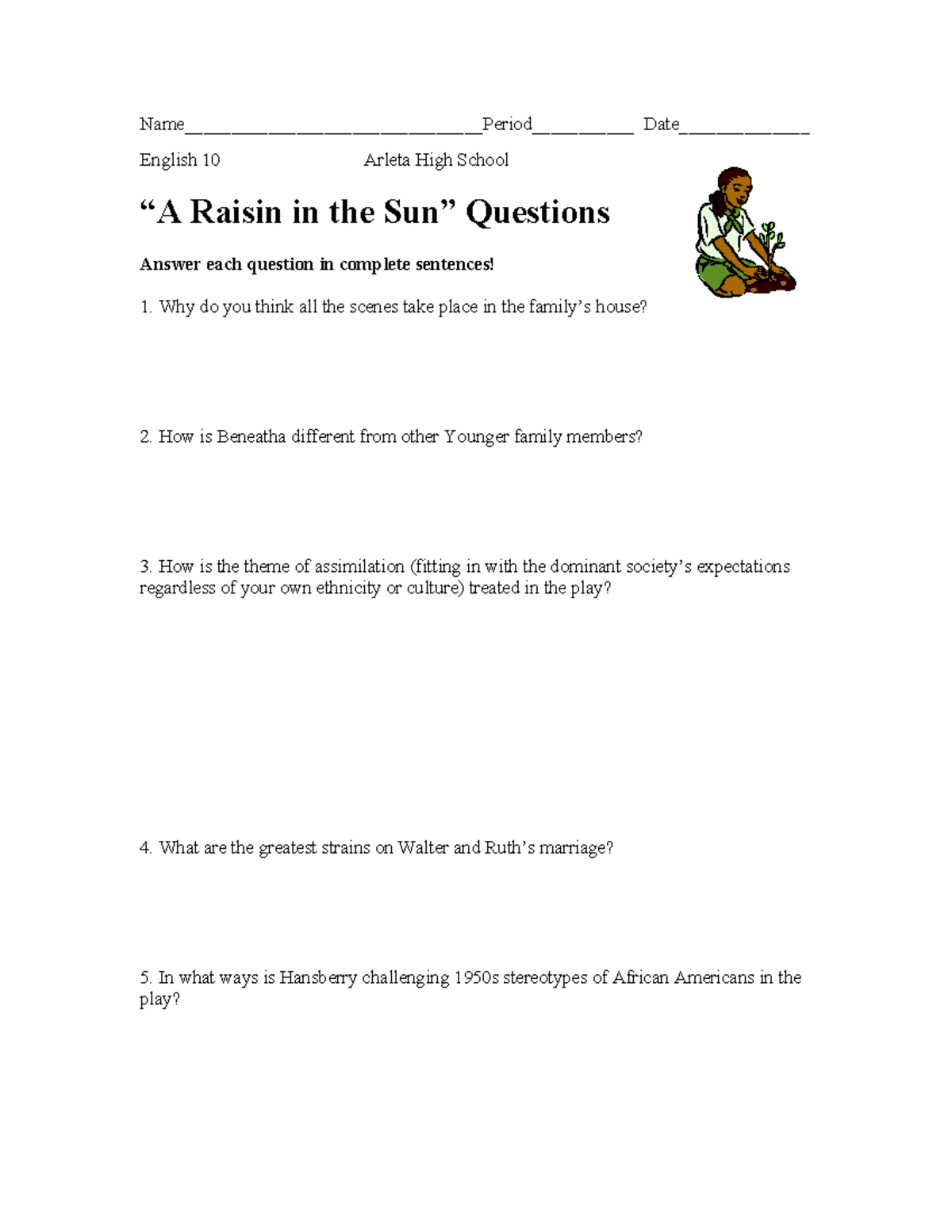 Raisin in the Sun Post reading questions - Name ...