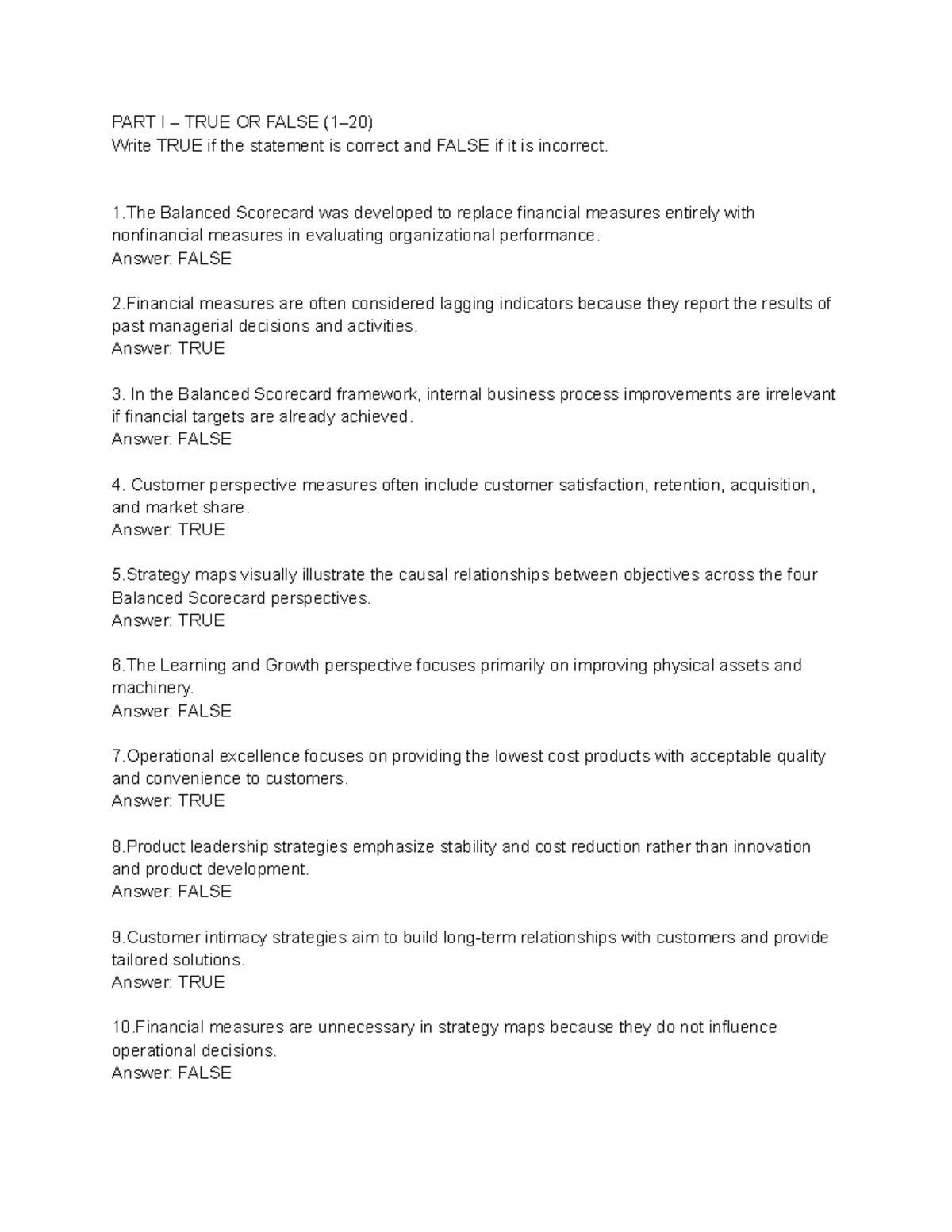 PMS TEST BANK - Balanced Scorecard True/False Questions - Studocu