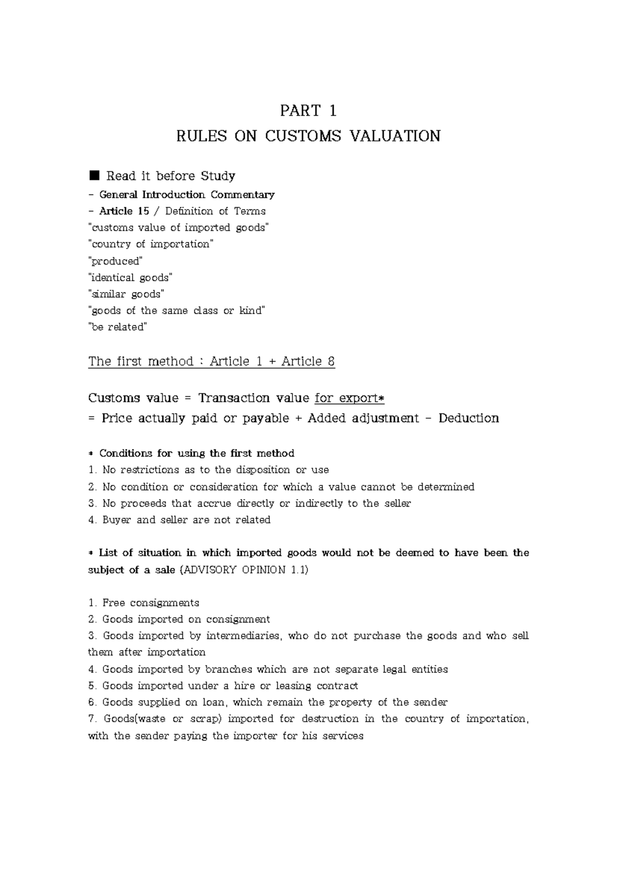 Rules ON Customs Valuation - PART 1 RULES ON CUSTOMS VALUATION Read it ...