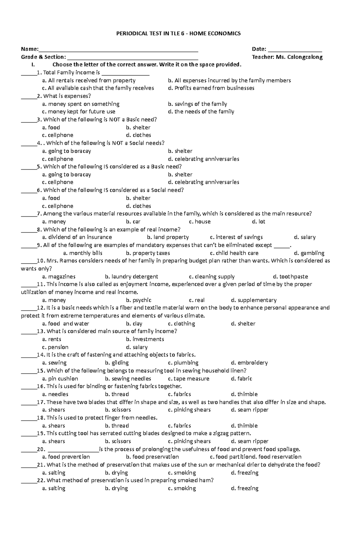 Periodic Test for TLE 6 - Home Economics (Final Exam) - Studocu