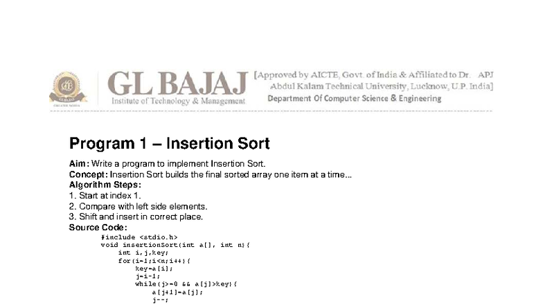 DAA LAB Manual: Insertion & Selection Sort Programs - Studocu
