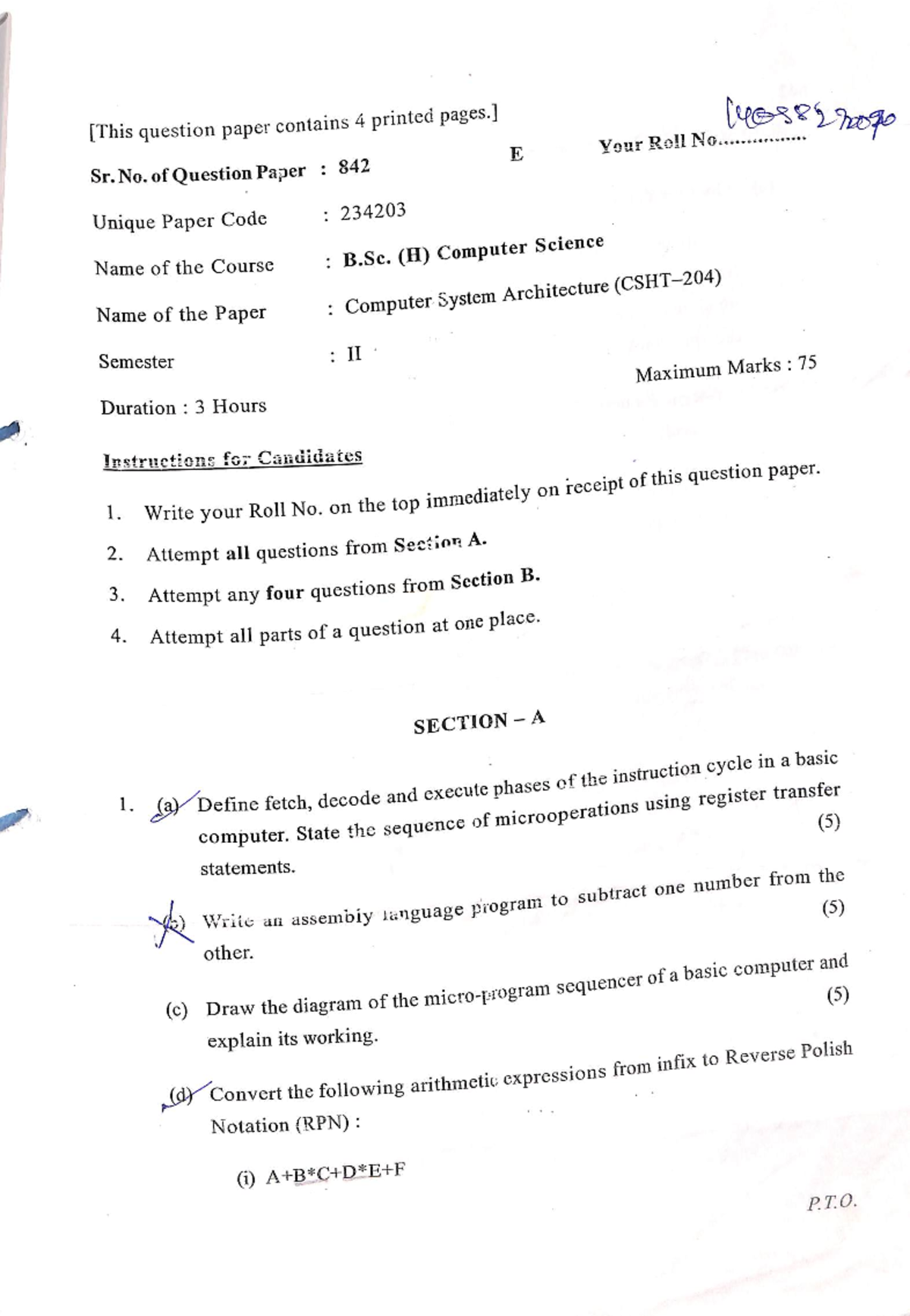 B.Sc. (H) Computer Science - Computer System Architecture Exam Paper ...