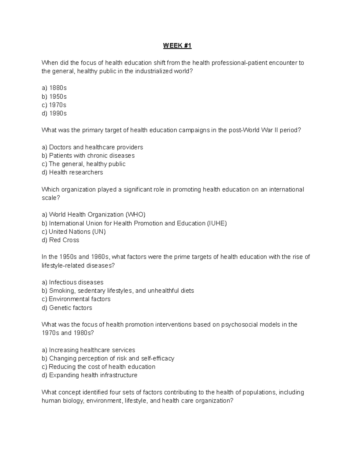 Weej #1 - Health Education Practice Questions and Insights - Studocu
