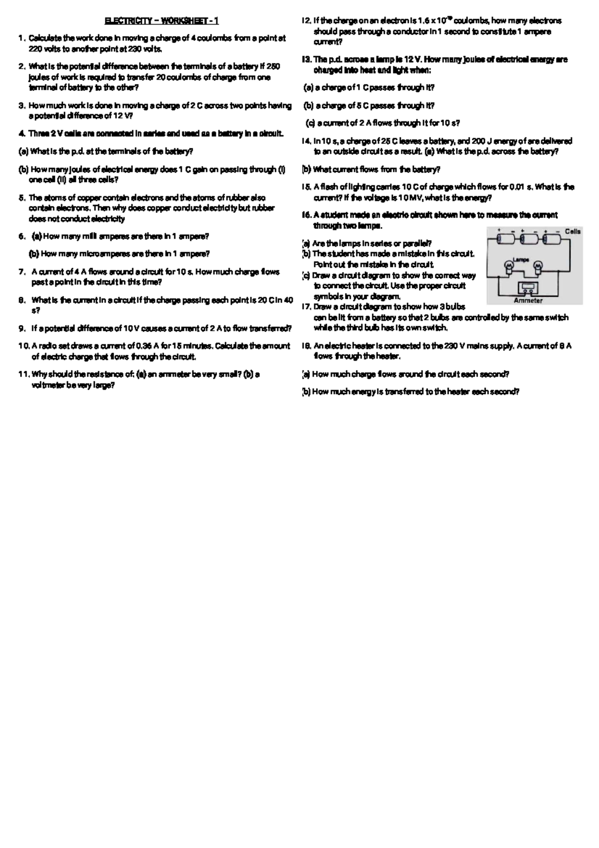 ELECTRICITY WORKSHEET 1: Charge, Current, and Resistance Calculations ...