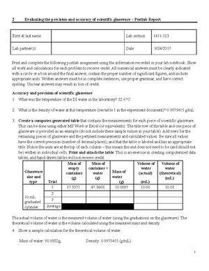 Precision and Accuracy in Scientific Glassware Pre-Lab Report - Ol a ...