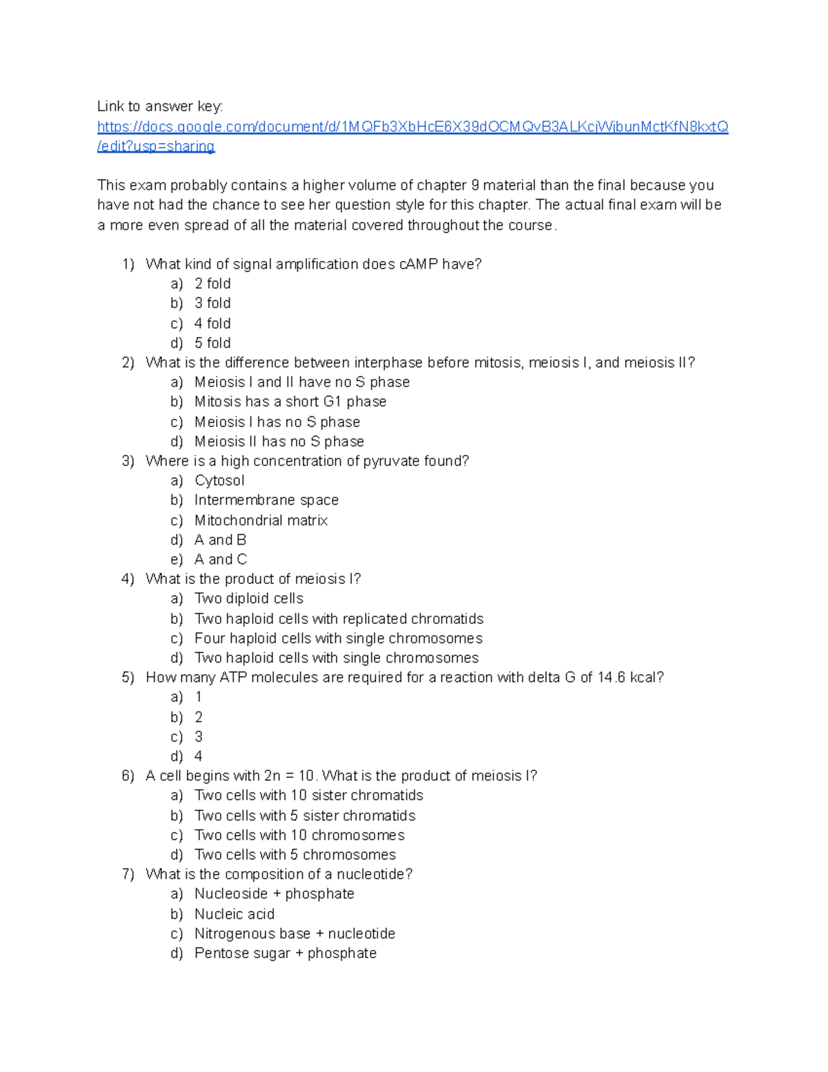CELL 1010 Practice Final Exam - Link to answer key: - Studocu