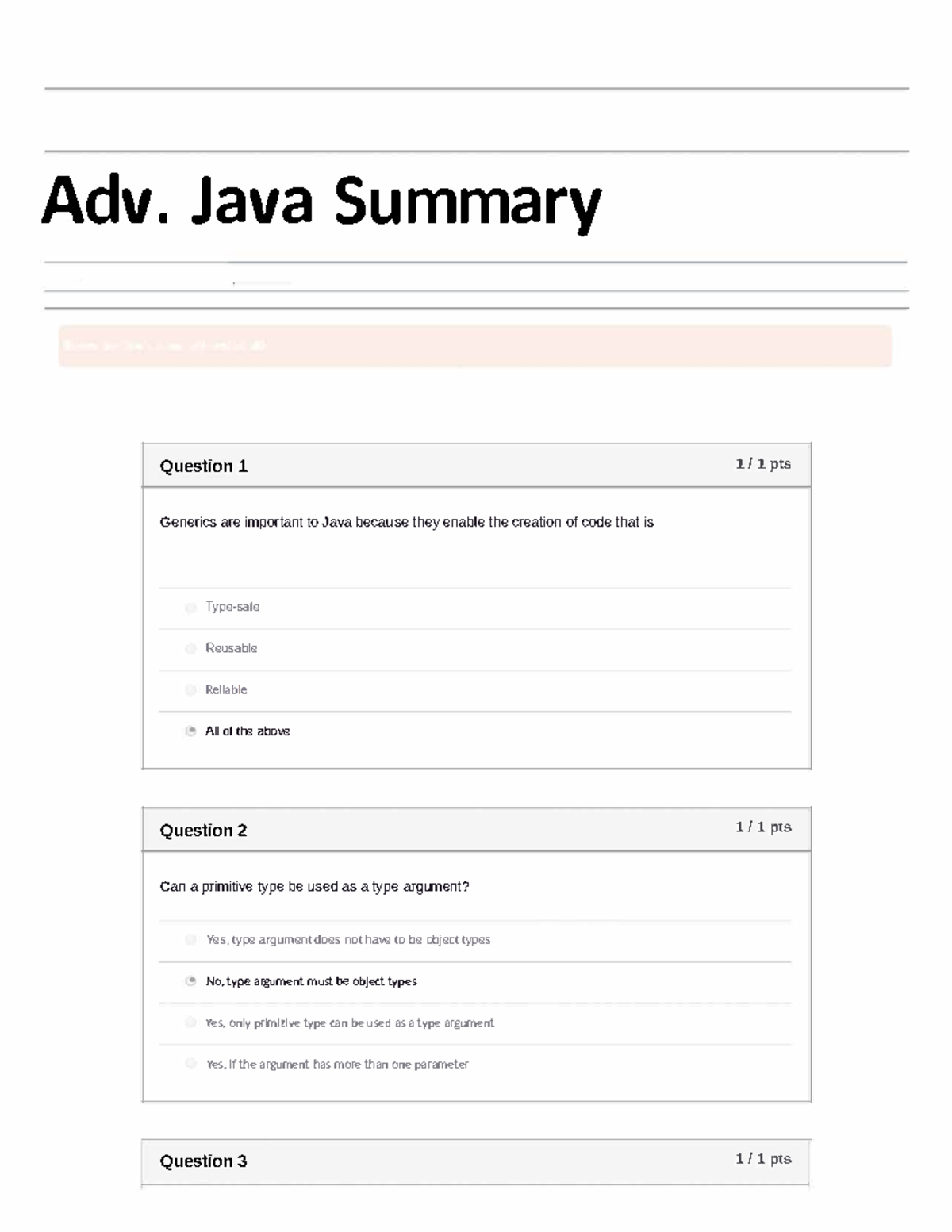 Java Midterm Summary - Adv. Java Summary Question 1 1 1 pts Generics ...