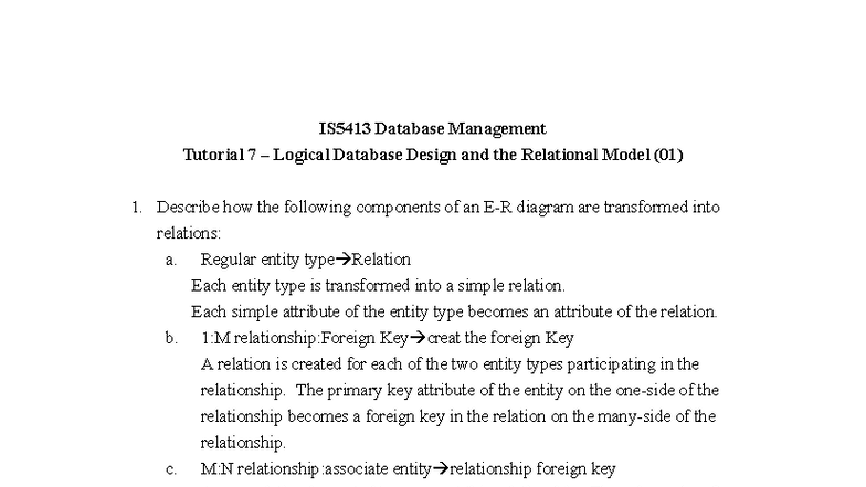 IS5413 Tutorial 07: Logical Database Design & Relational Model - Studocu