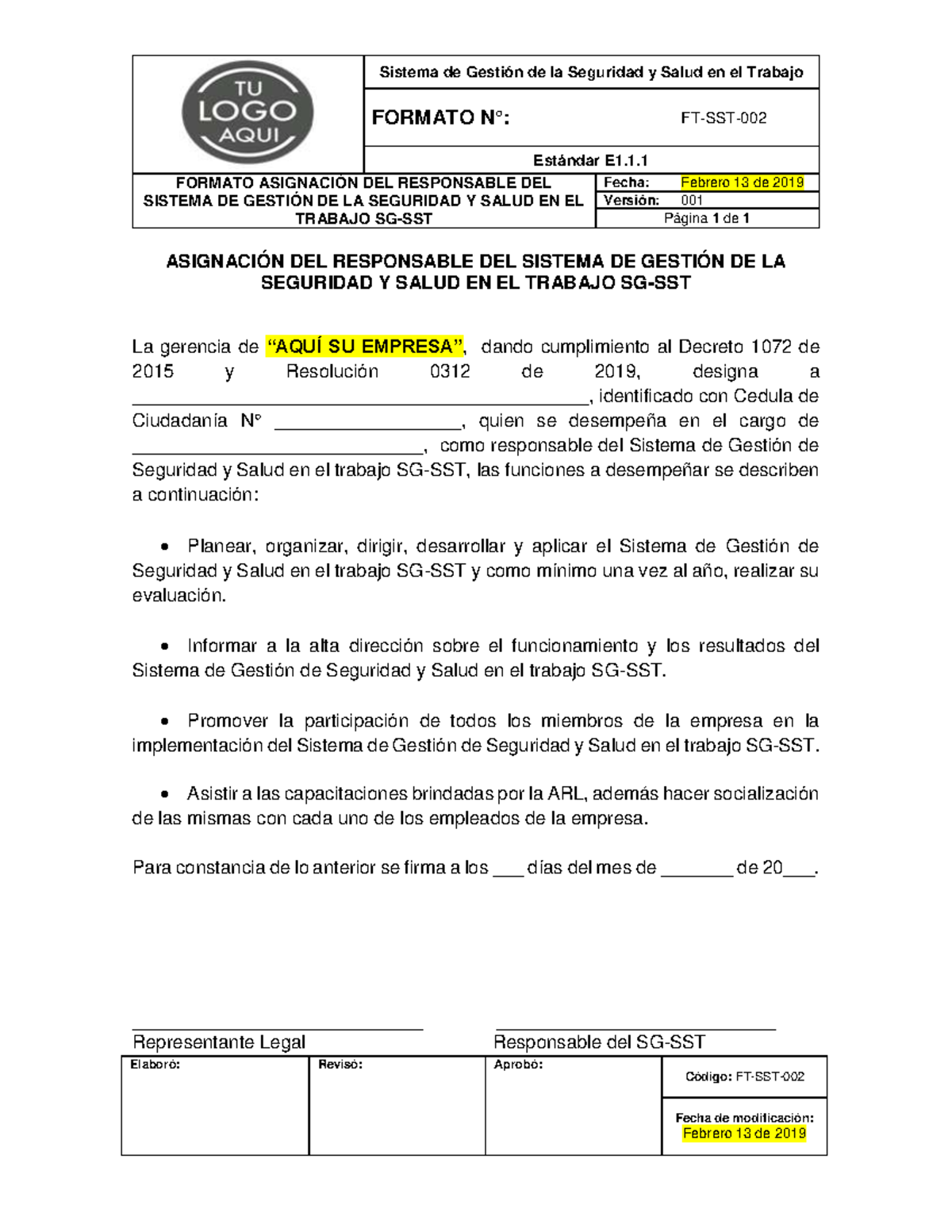 Ftsst 002 Formato Asignacion Responsable del Sgsst - Sistema de Gestión ...