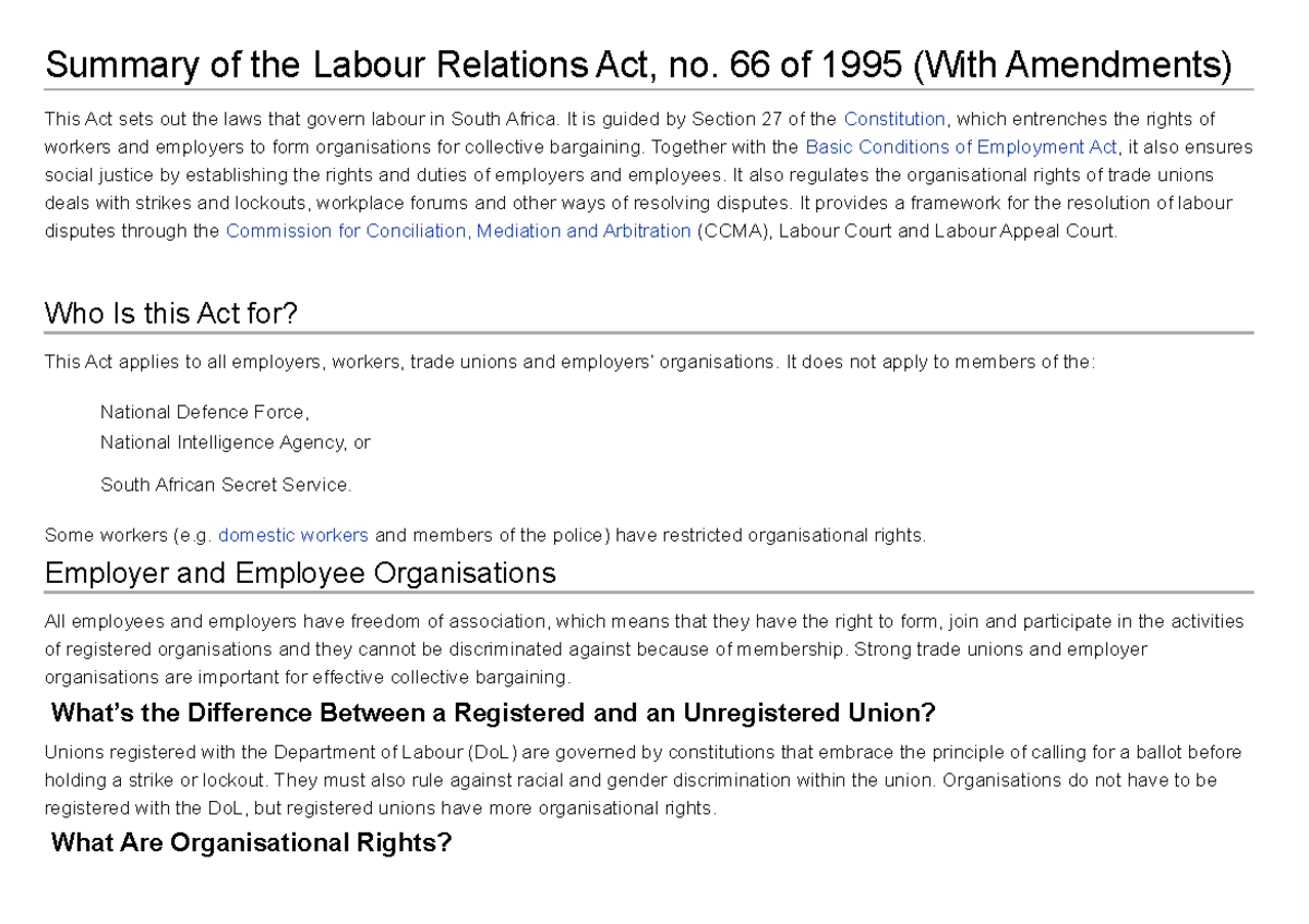 Summary of Labour Relations Act, No. 66 of 1995 (Updated Overview ...