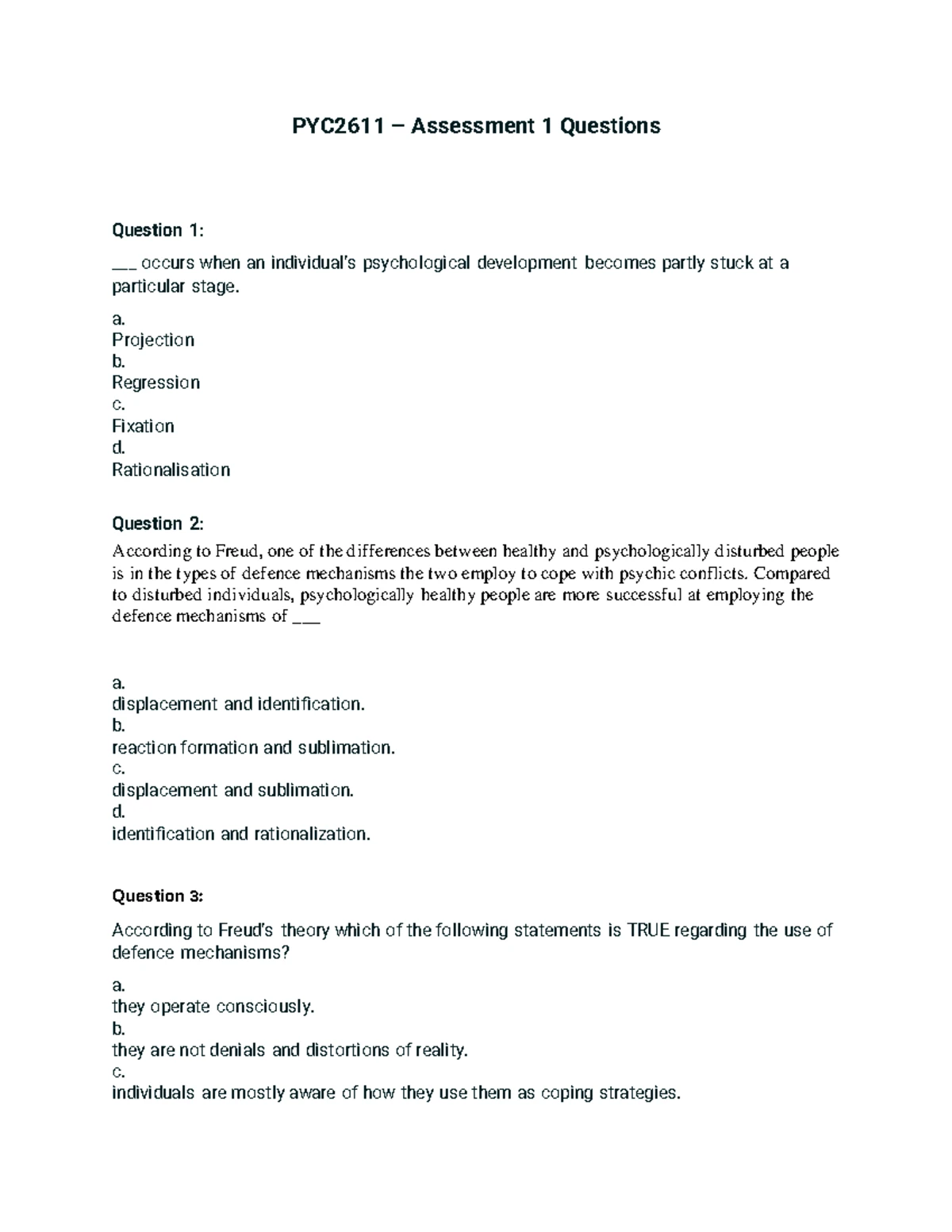 PYC2611 Assessment 1: Psychological Development & Defence Mechanisms ...