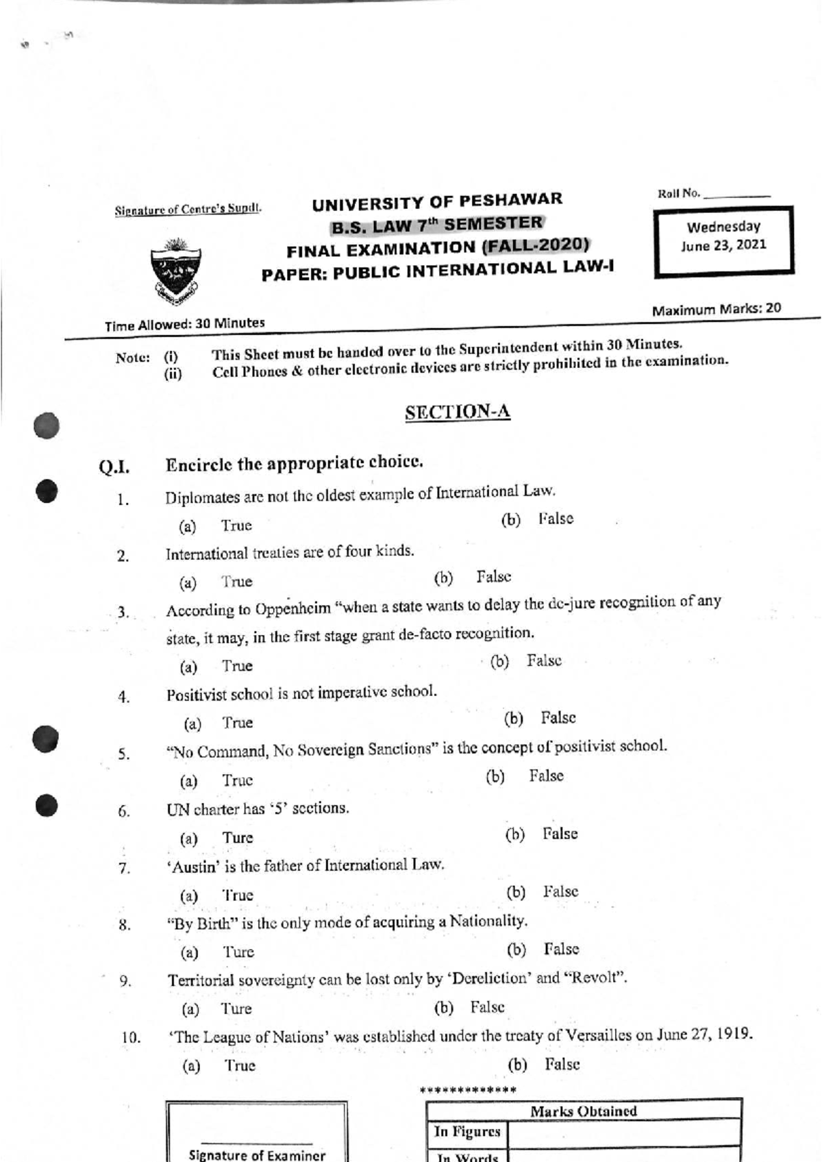 B.S. LAW 7th SEMESTER PAST PAPER: FINAL EXAMINATION 2020 - Studocu
