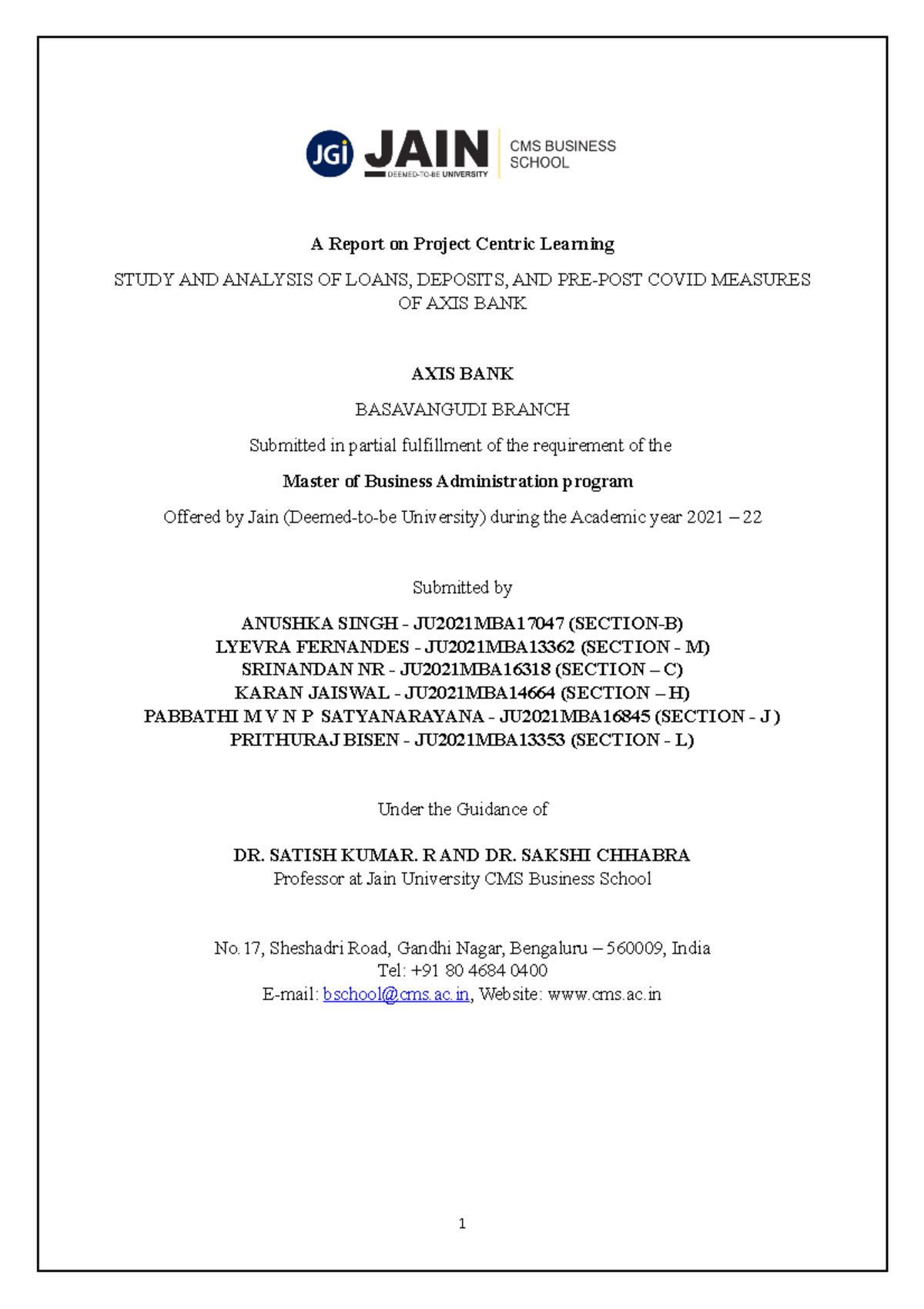 Axis Bank Internship Report 2021: Project Centric Learning Analysis - Studocu