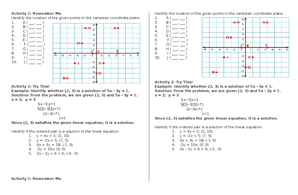 Math 101: Coordinate Plane Activities and Solutions - Studocu