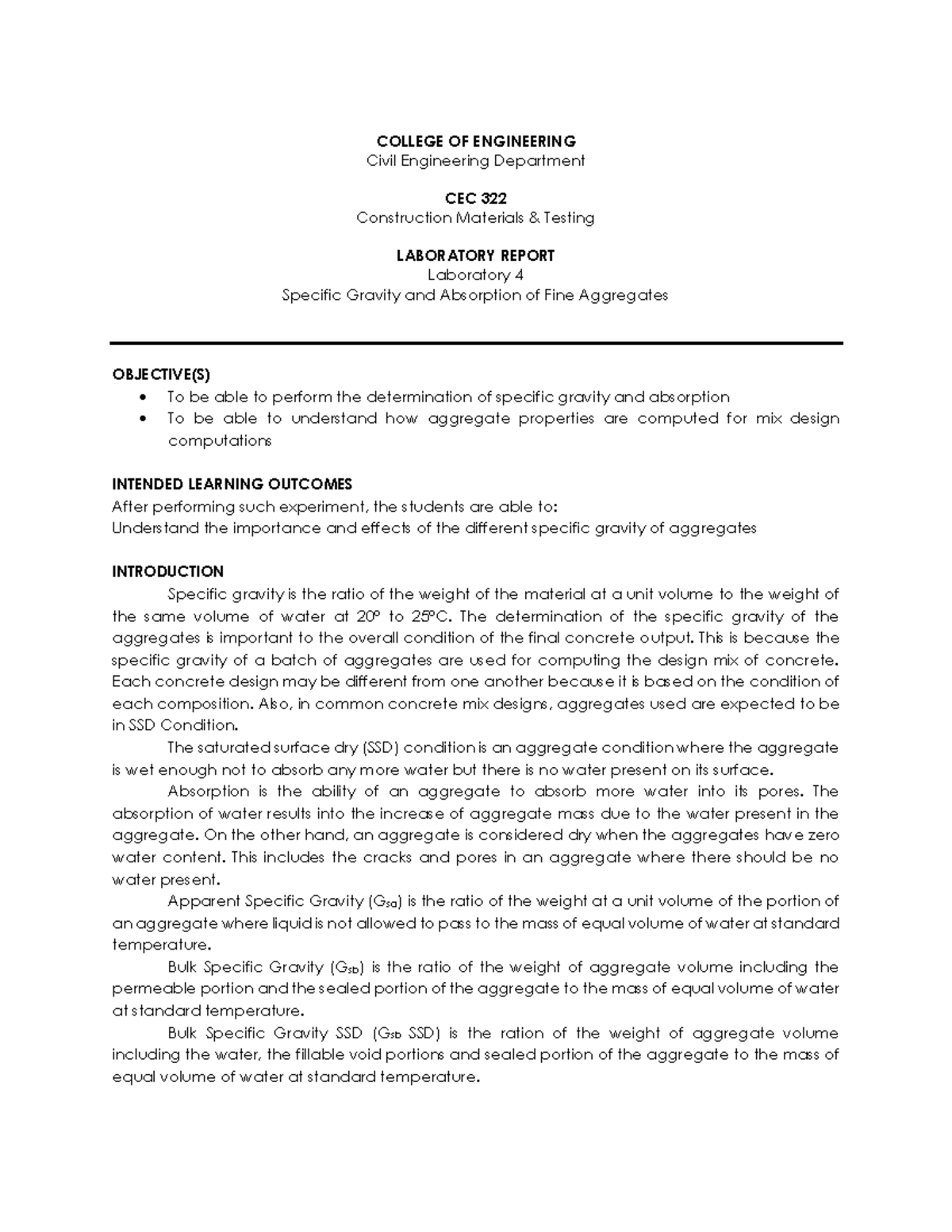 CEC 322 Lab Report: Specific Gravity & Absorption of Fine Aggregates ...