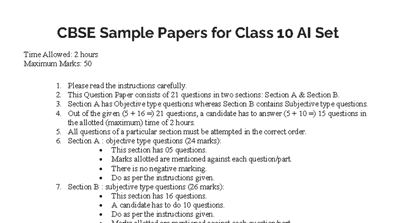 CBSE Class 10 AI Sample Paper 2025 - Time: 2 Hours, Max Marks: 50 - Studocu