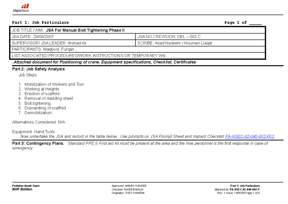 JSA-003-C: Bolt Tightening Safety & Procedures Overview - Studocu