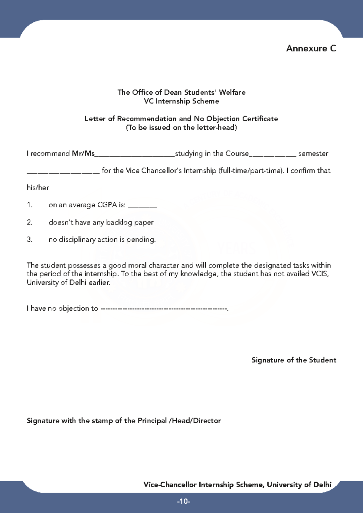 VCIS Internship Scheme: Letter of Recommendation & No Objection Cert ...