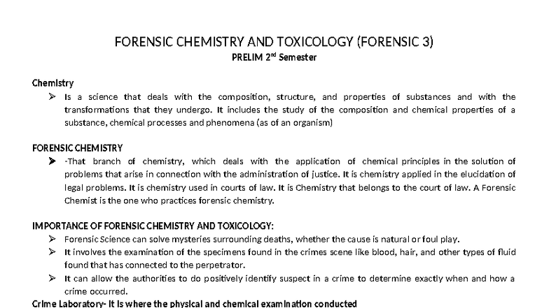 Forensic Chemistry and Toxicology (FORENSIC 3) Preliminary Notes - Studocu