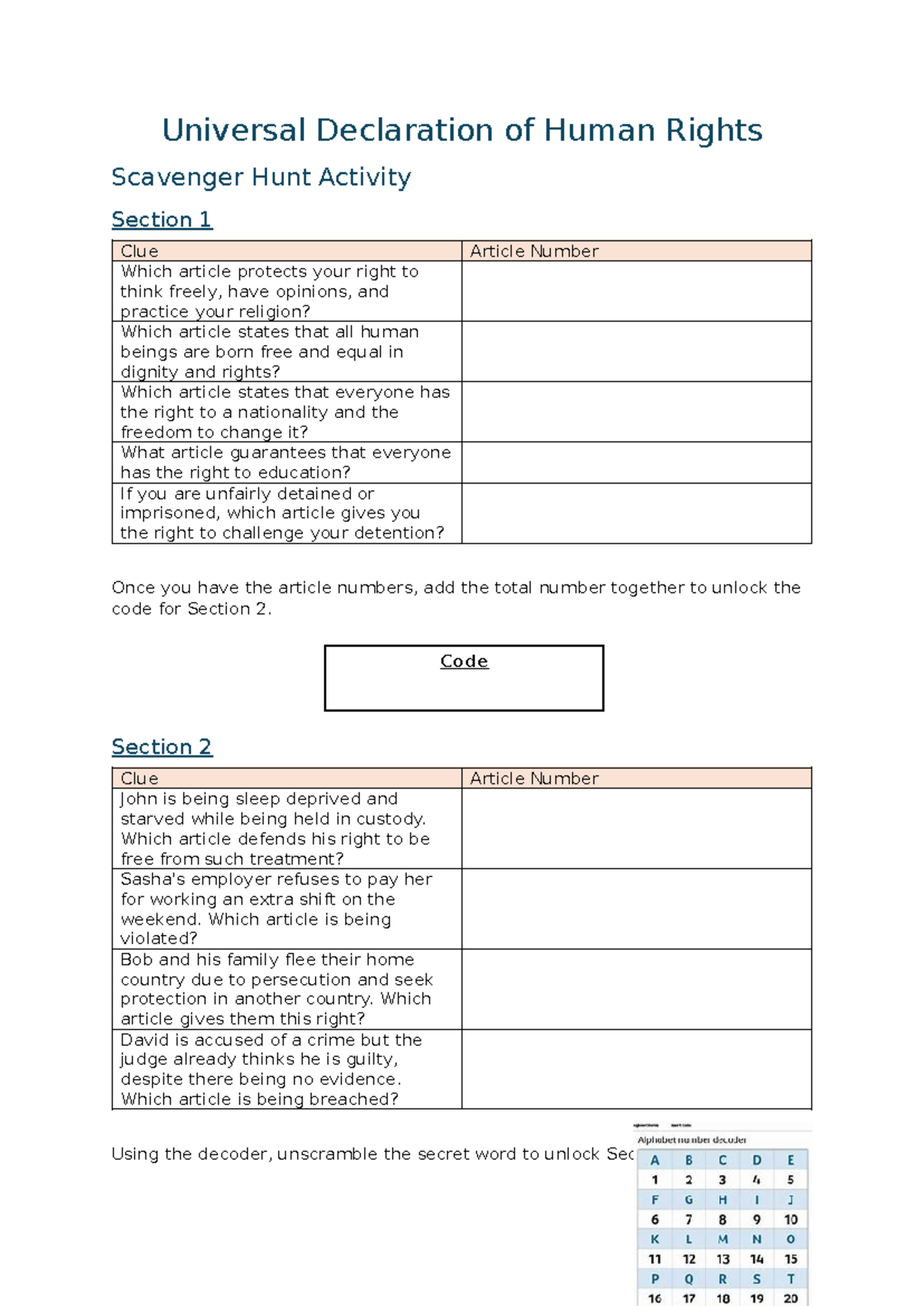 UDHR Scavenger Hunt Activity: Article Clues & Codes - Studocu