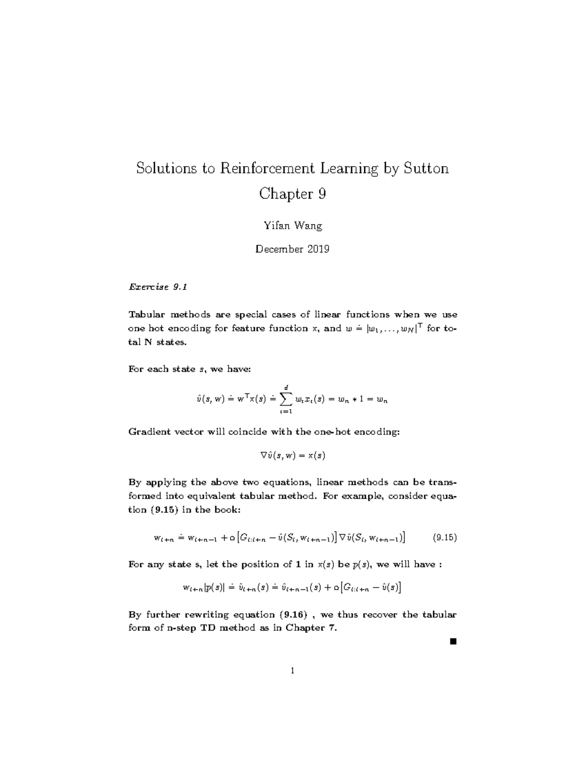 Solutions to Reinforcement Learning (CS 123) - Sutton Chapter 9 ...