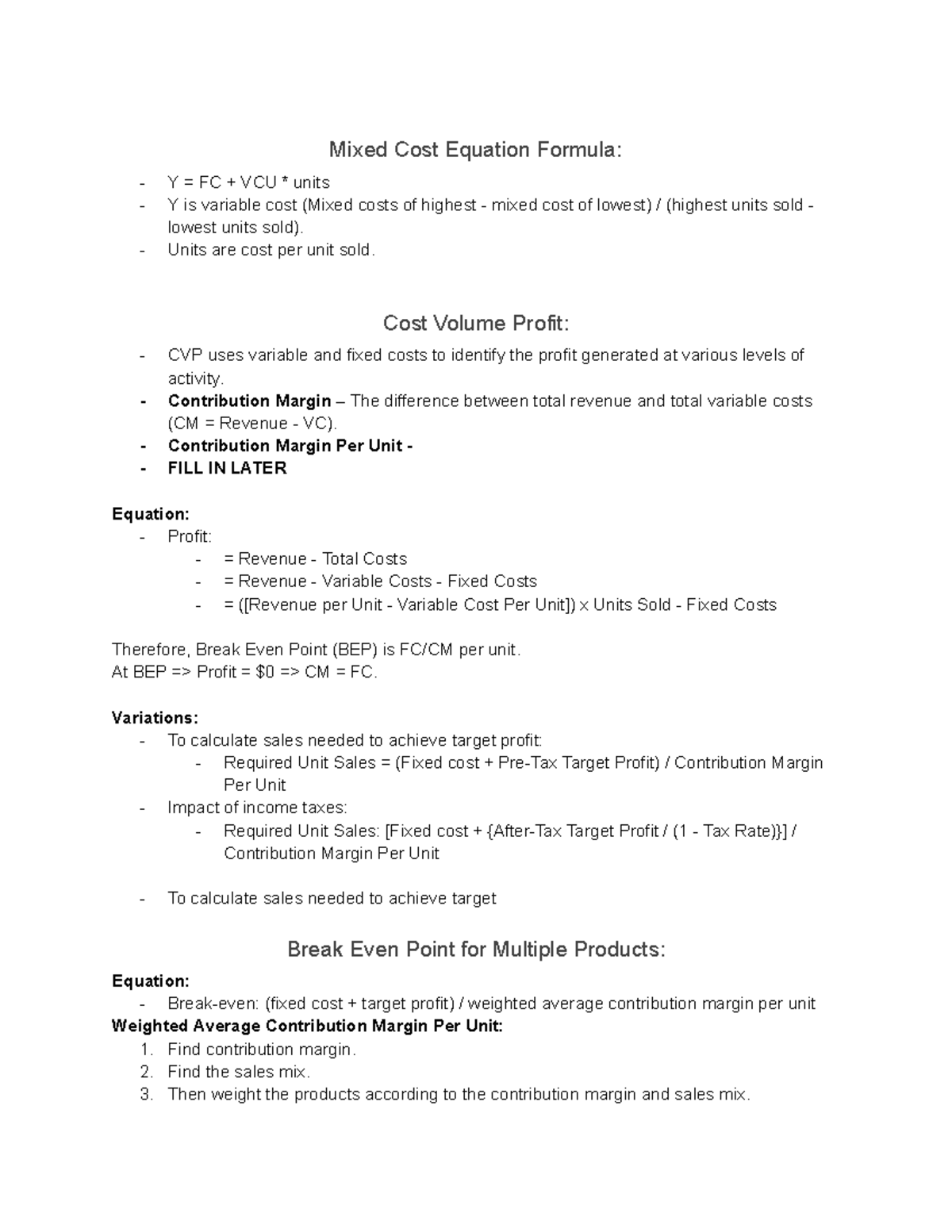 Cost equation and formulas for variable costs in FC VCU analysis - Studocu