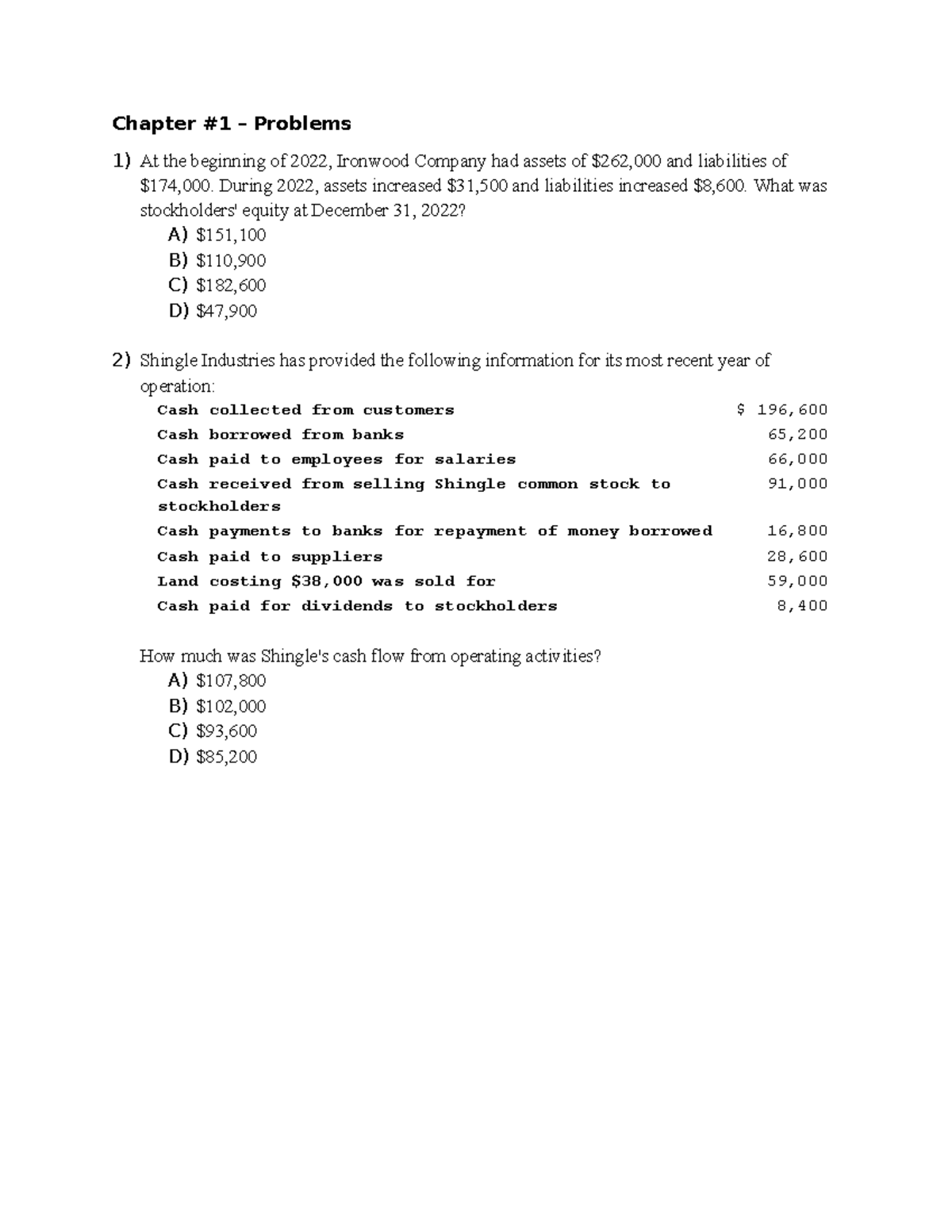 CH1 Problems - Chapter #1 – Problems 1) At the beginning of 2022, Ironwood Company had assets of ...