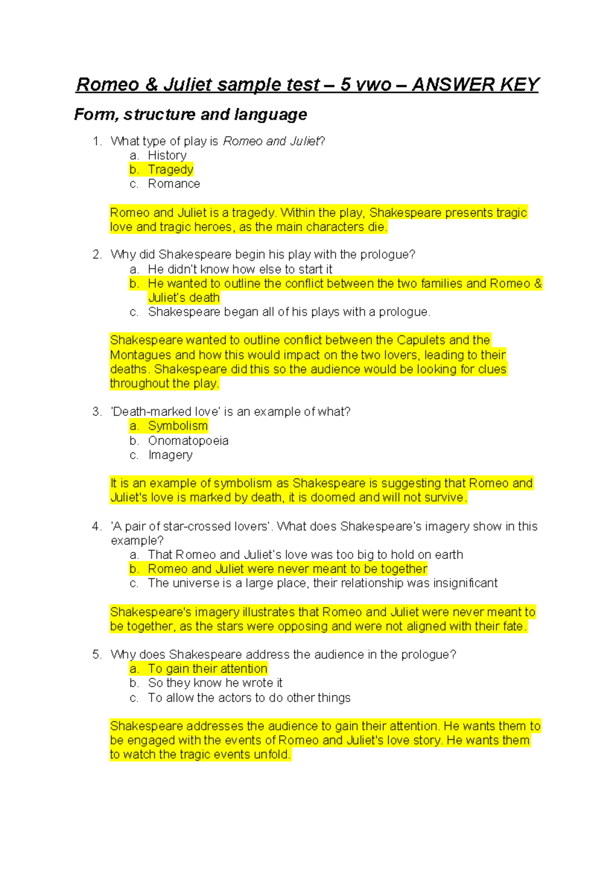 Romeo & Juliet Sample Test - Answer Key for 5 VWO Students - Studeersnel