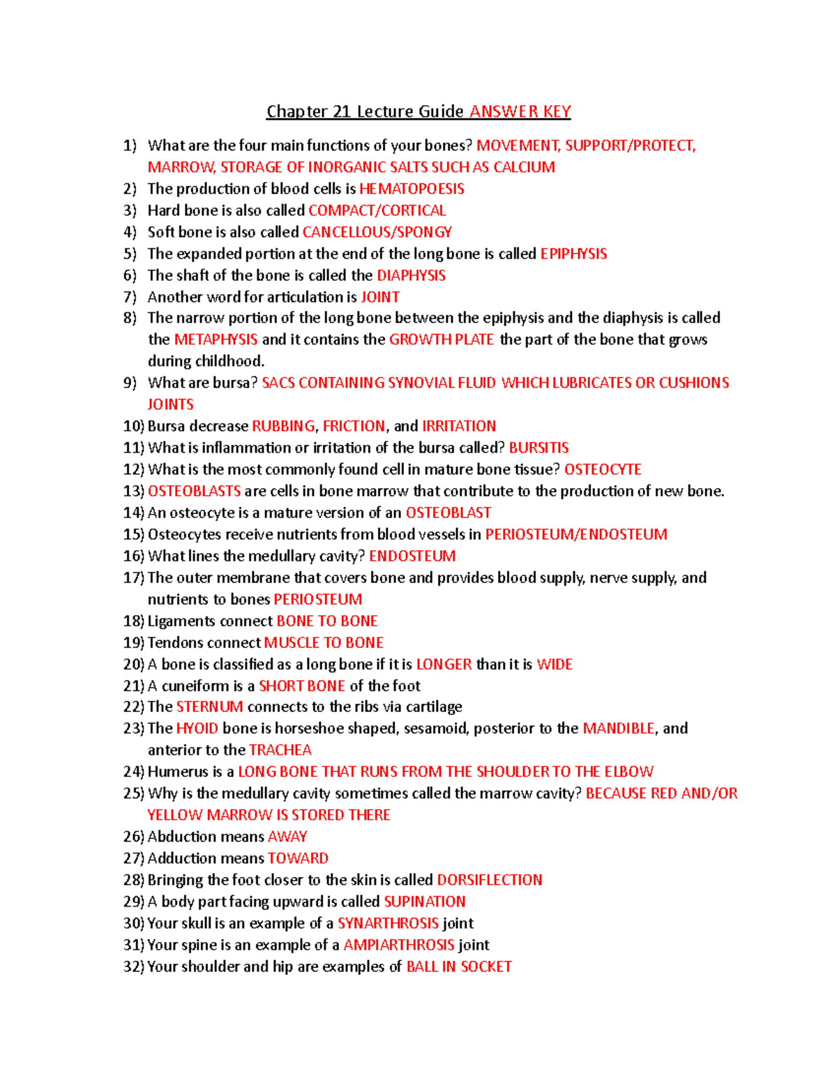 Chapter 21 Lecture Guide Answer Key: Bone Functions & Joint Anatomy ...