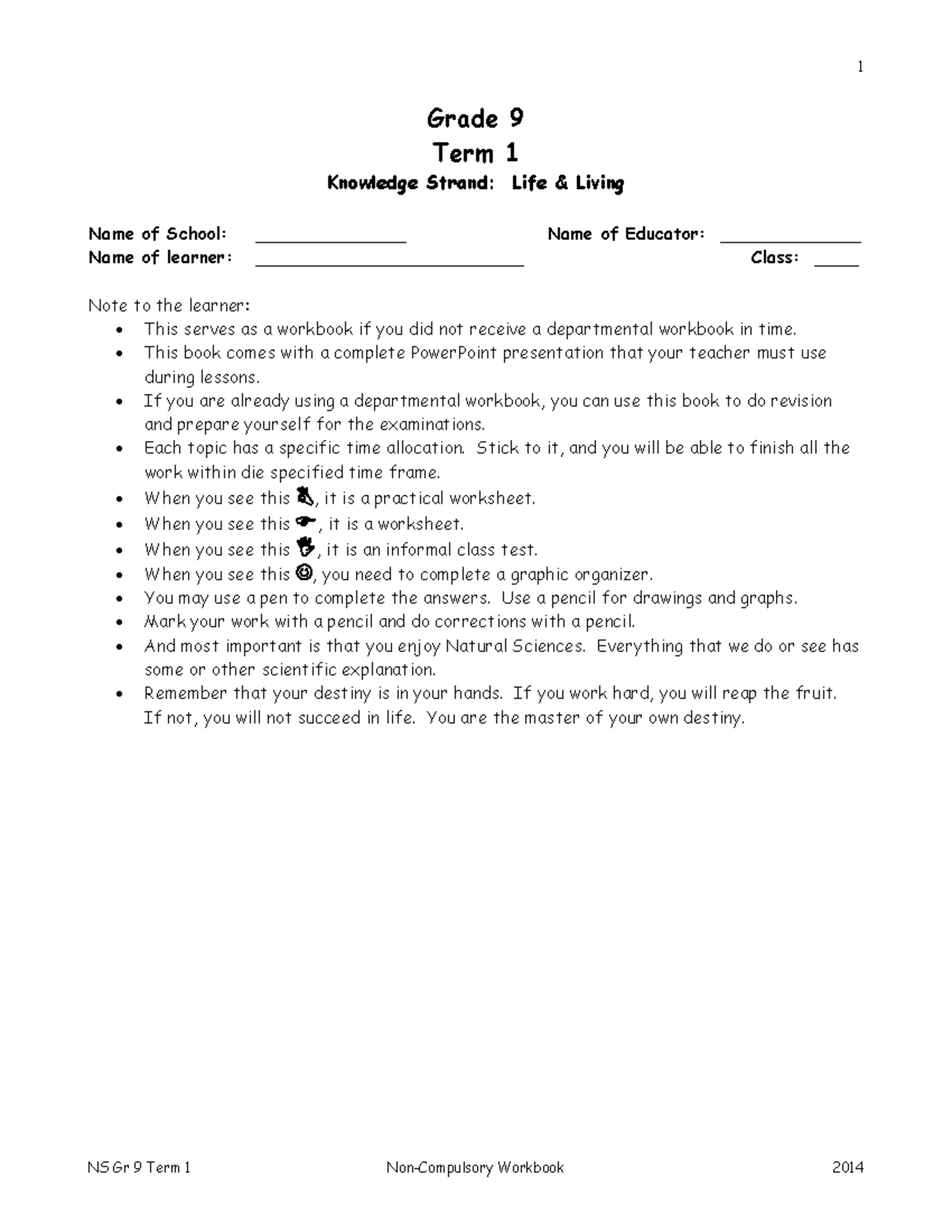 NS Gr 9 Term 1 Natural Sciences Workbook 2014 - Studocu