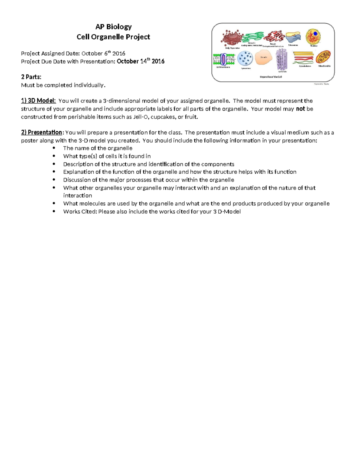 AP Biology Cell Organelle Project Guidelines and Rubric - Studocu