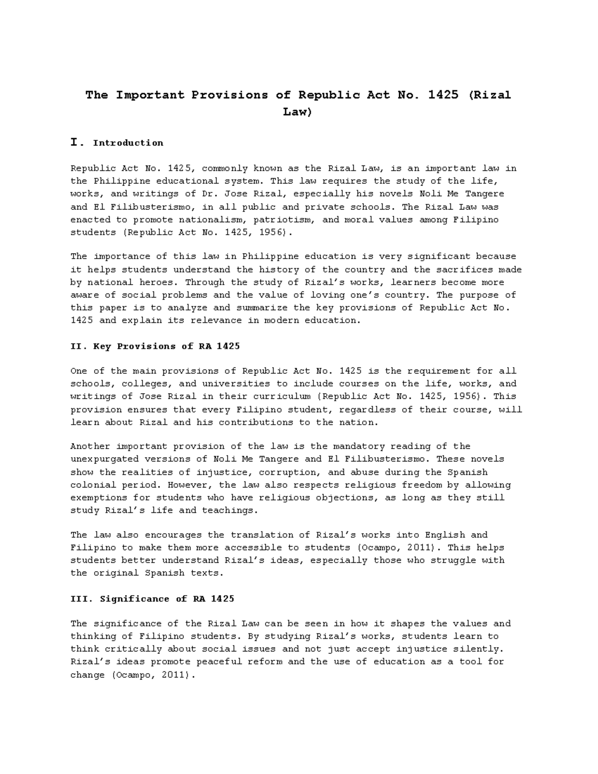 Key Provisions and Significance of RA 1425 (Rizal Law) - Studocu