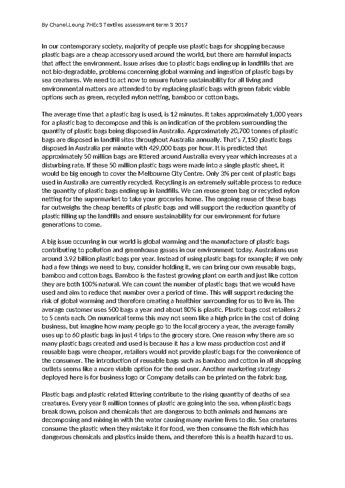 Sustainability Assessment: Plastic Bags vs. Reusable Options (7HEc3 ...