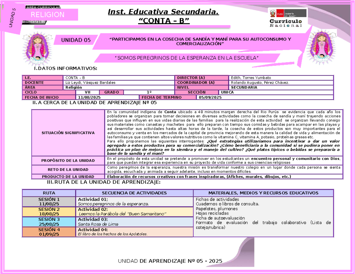 UNID AD 5 RELIGIÓN Secundaria EBR: Cosecha de Sandía y Maní - Studocu