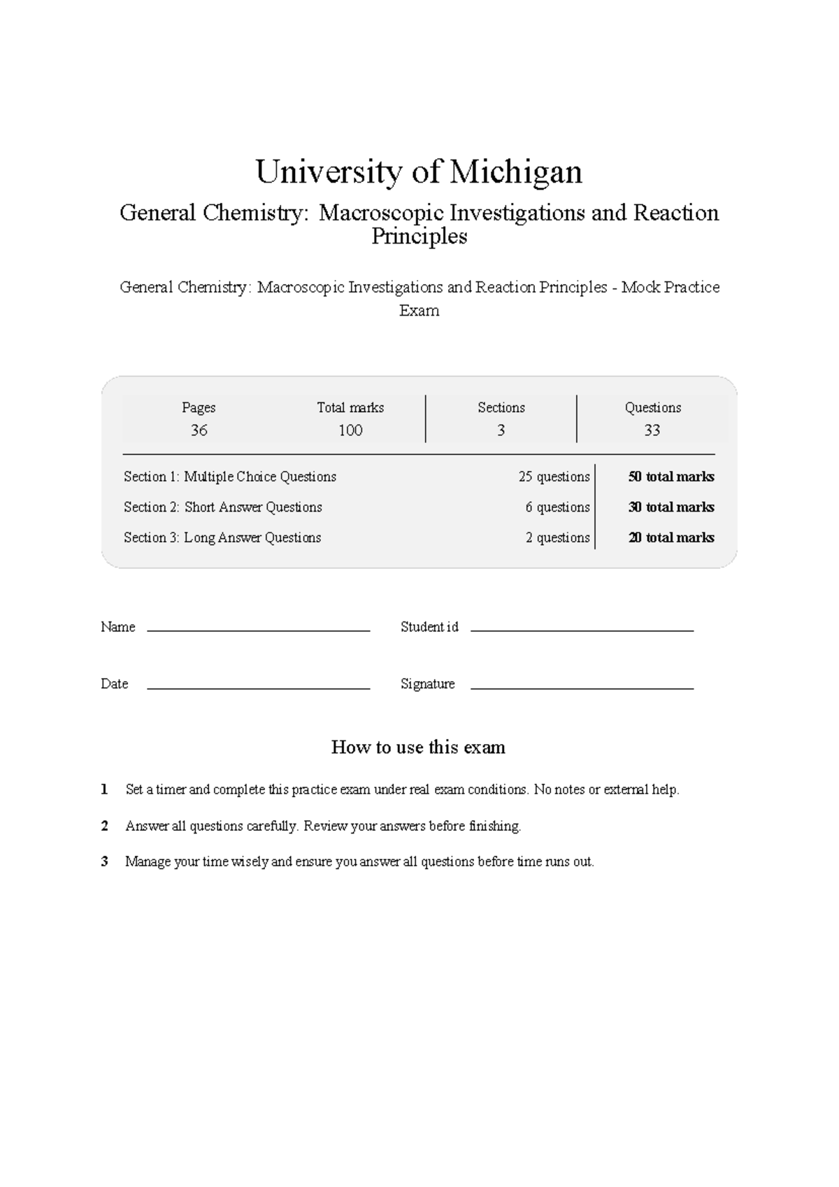 Chem 130 General Chemistry: Macroscopic Investigations Mock Exam 2026 ...