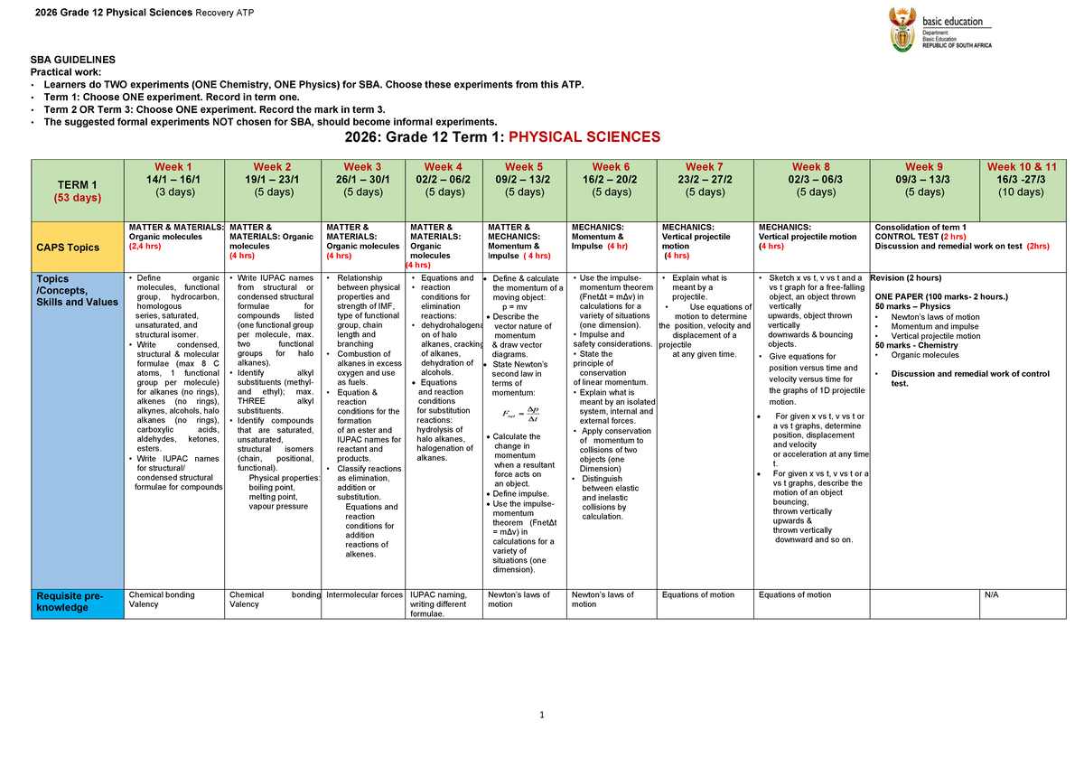 2026 Grade 12 Physical Sciences Recovery ATP: Practical & Theory ...