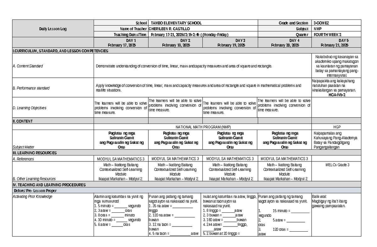 NMP-W2Q4- Tagalog - n/a - Daily Lesson Log School TAMBO ELEMENTARY ...