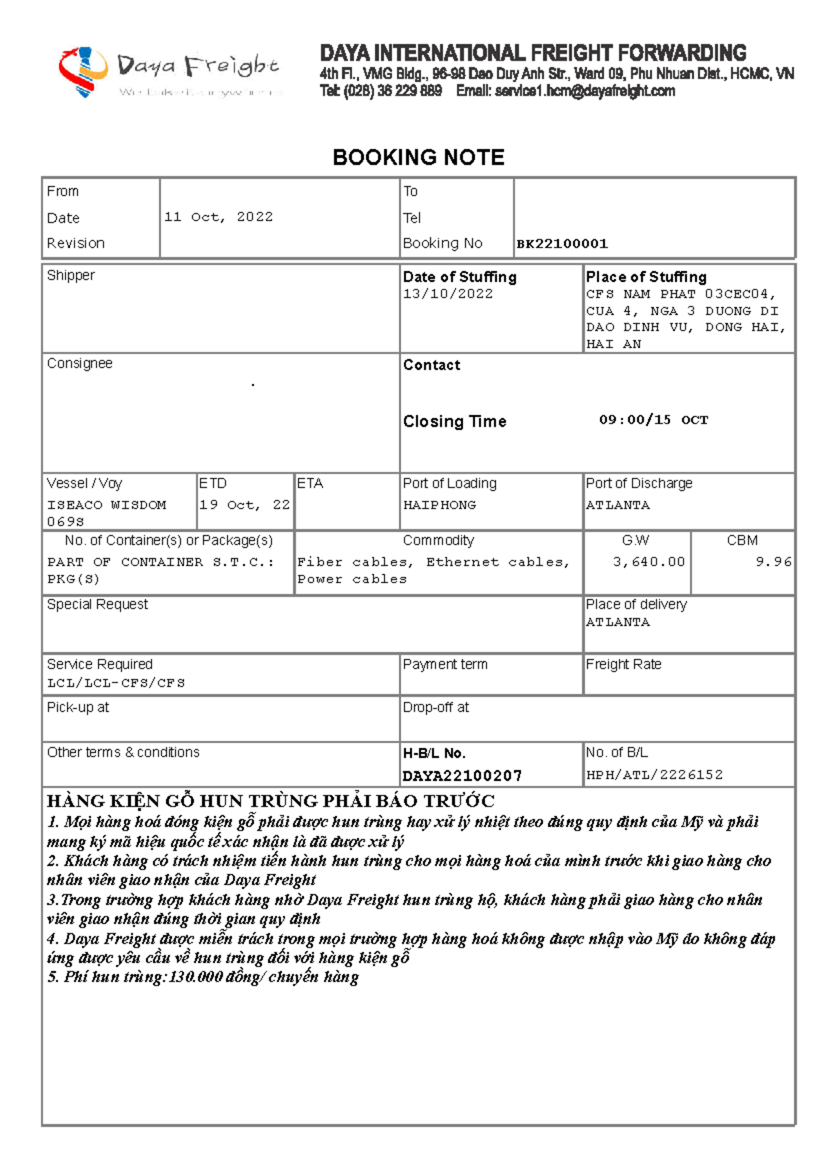 DAYA BK22100001: Booking Note for Freight and Wood Treatment ...