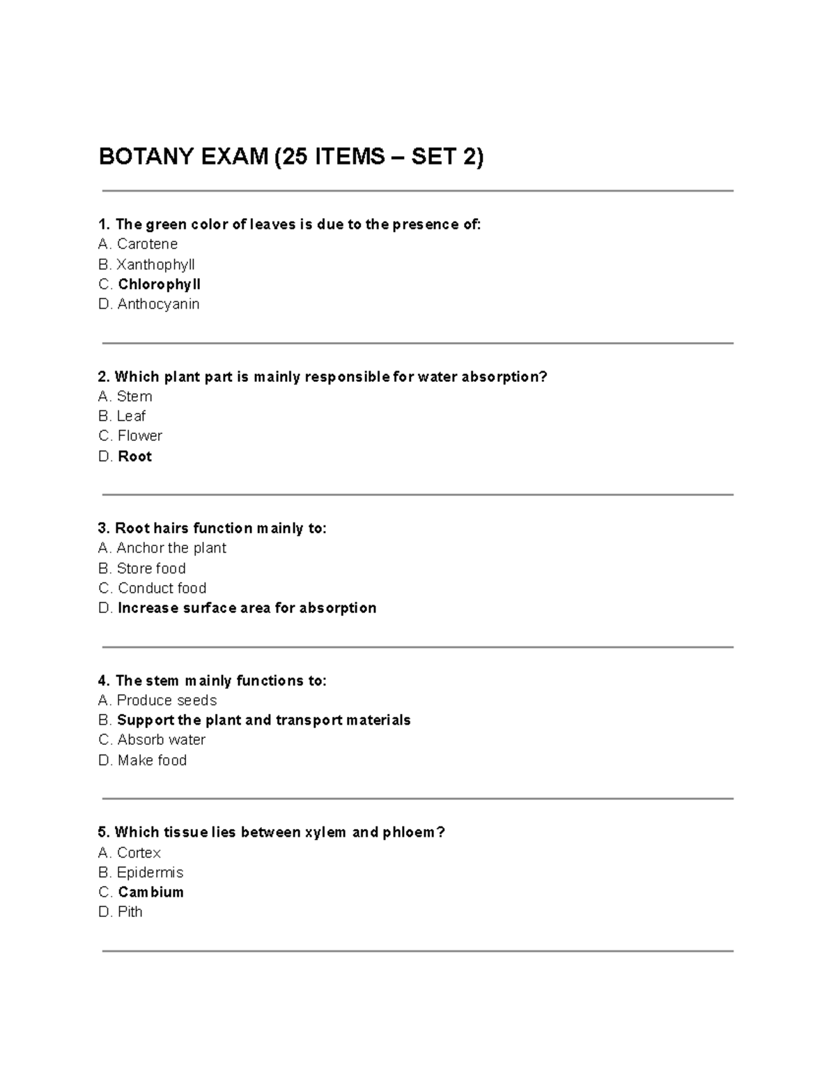 BT001 Botany 1st Exam - 25 Item Quiz Set 2 - Studocu