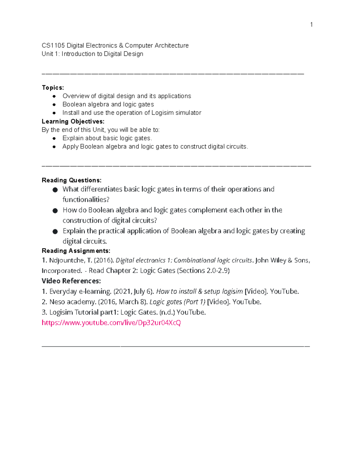 CS1105 Unit 1: Intro to Digital Design & Logic Gates Notes - Studocu