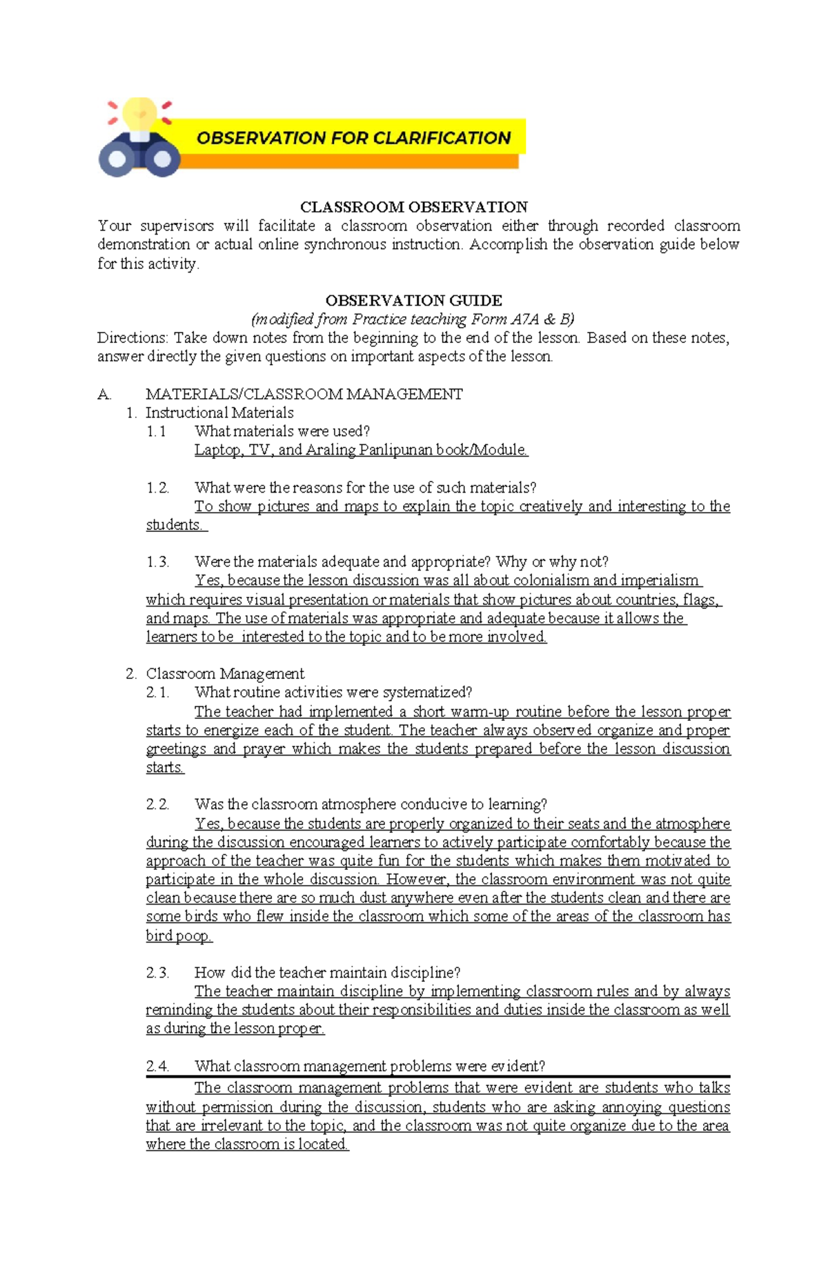 Domain 1 Lesson 2: Classroom Observation Guide and Analysis - Studocu