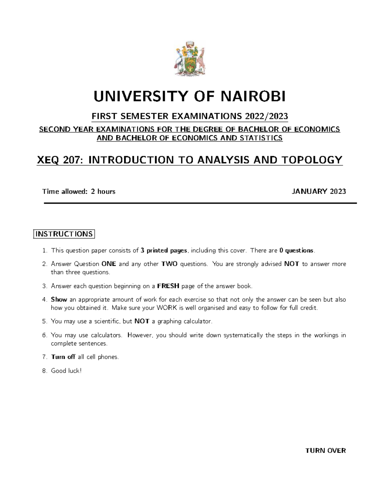 XEQ 207: Final Exam on Introduction to Analysis and Topology - Studocu