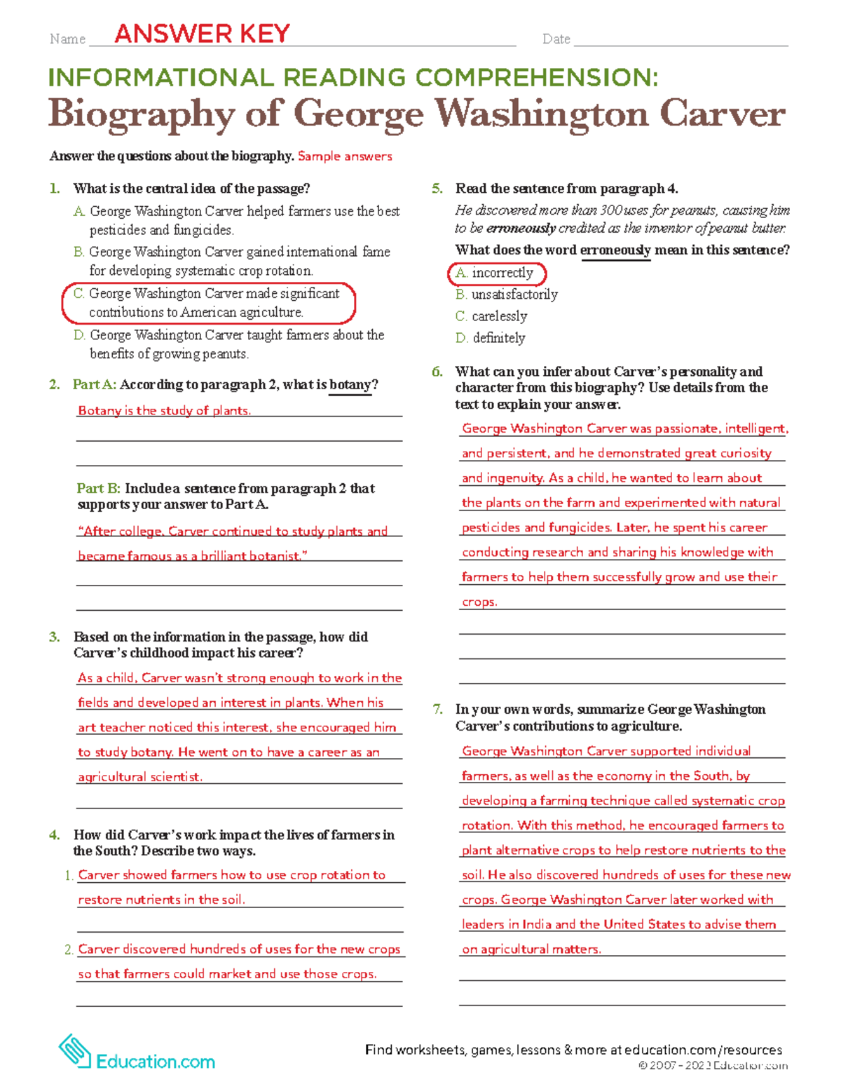 Informational Reading Comprehension: Biography of G.W. Carver - Studocu