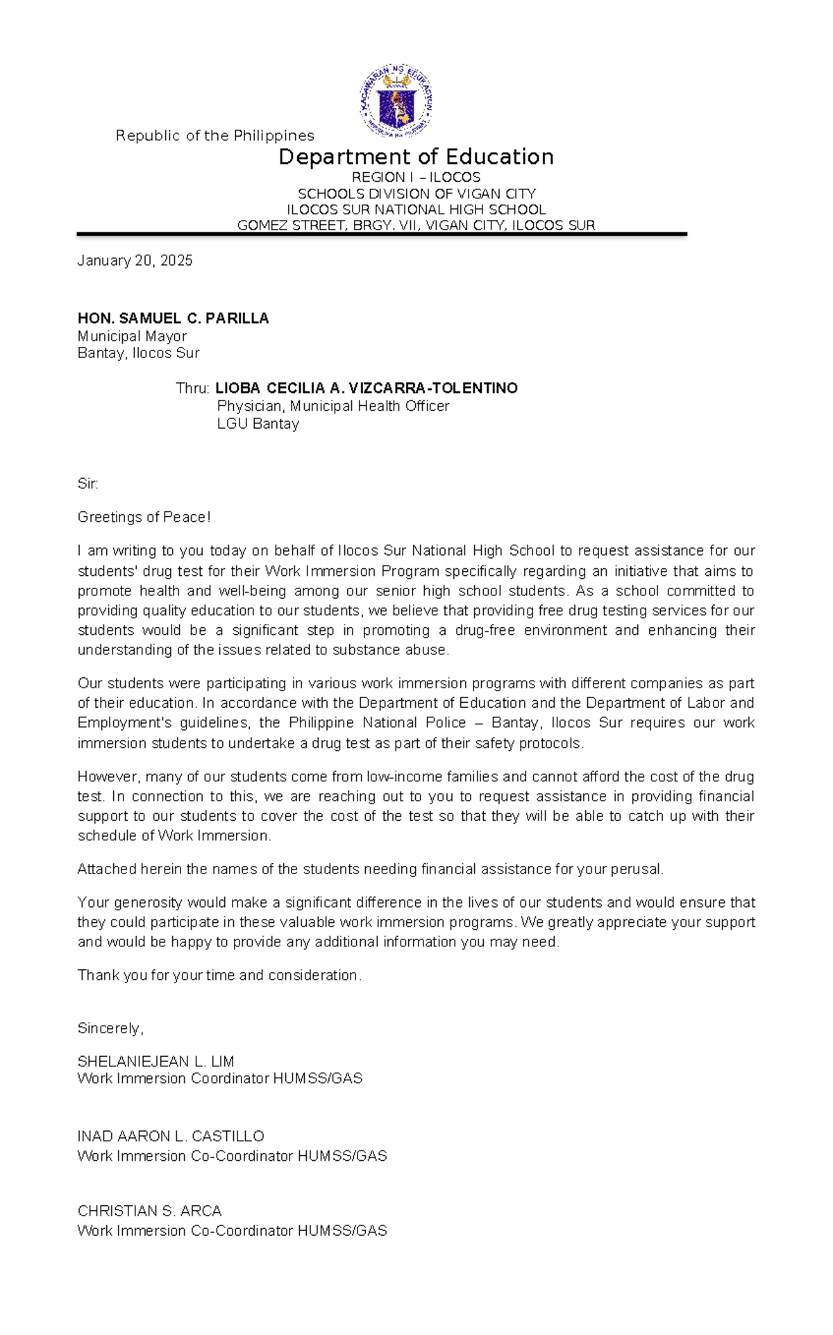 Drug test request letter to mayor PNP Bantay - Republic of the ...