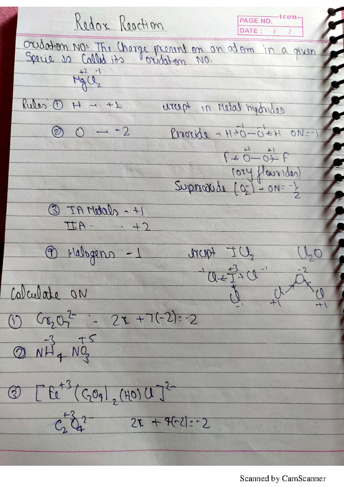 Redox - notes - Redox Reaction iron PAGE NO. DATE : oxidation NO: The ...